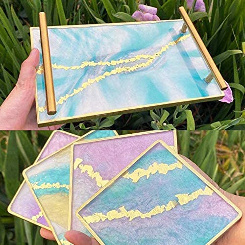 RESINWORLD Resin Tray Mold, 1Pc Thick Rectangle Tray Mold with 4 Pack Square Coaster Molds, Shiny Flat Edge Coaster Tray Silicone Mold for Resin Casting