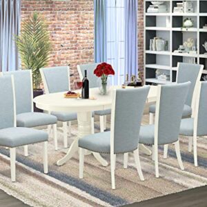 East West Furniture VAVE9-LWH-15 Vancouver 9 Piece Set Includes an Oval Dinner Table with Butterfly Leaf and 8 Baby Blue Fabric Parson Dining Chairs, 40x76 Inch, Linen White