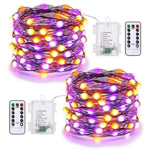 brizlabs purple & orange halloween lights, 2 pack 17.48ft 50 led halloween string lights with remote, 8 modes battery purple & orange fairy lights waterproof twinkle lights for halloween haunted decor