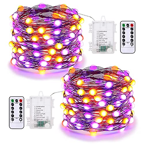 BrizLabs Purple & Orange Halloween Lights, 2 Pack 17.48ft 50 LED Halloween String Lights with Remote, 8 Modes Battery Purple & Orange Fairy Lights Waterproof Twinkle Lights for Halloween Haunted Decor