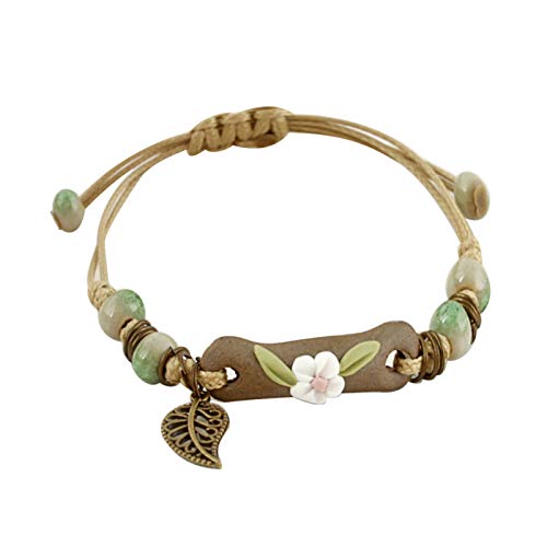 ink2055 Fashion Women Flower Leaf Porcelain Charm Woven Bracelet Adjustable Jewelry Gift,Bracelets for Women Teen Girls Gift - Khaki