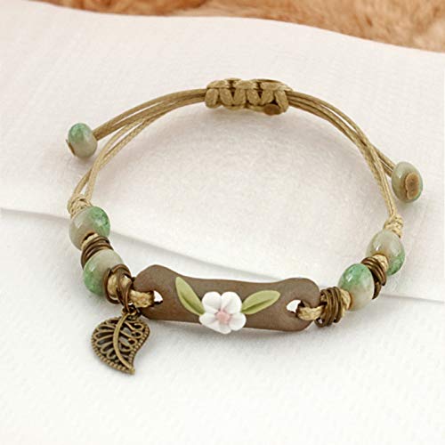 ink2055 Fashion Women Flower Leaf Porcelain Charm Woven Bracelet Adjustable Jewelry Gift,Bracelets for Women Teen Girls Gift - Khaki