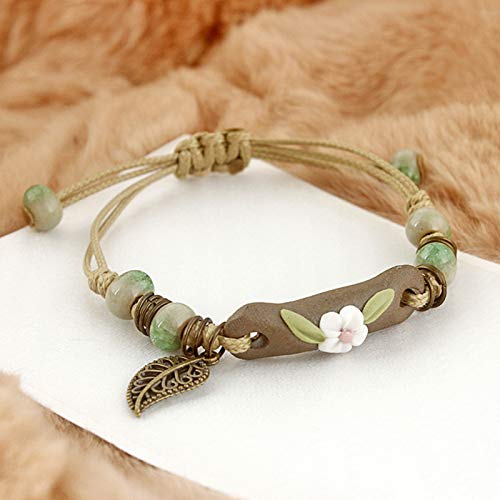 ink2055 Fashion Women Flower Leaf Porcelain Charm Woven Bracelet Adjustable Jewelry Gift,Bracelets for Women Teen Girls Gift - Khaki