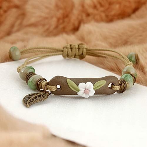 ink2055 Fashion Women Flower Leaf Porcelain Charm Woven Bracelet Adjustable Jewelry Gift,Bracelets for Women Teen Girls Gift - Khaki