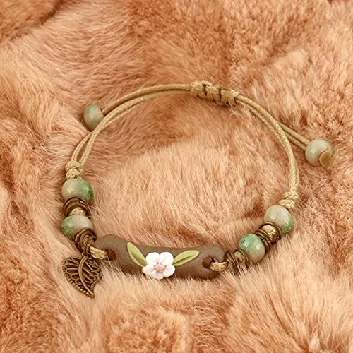 ink2055 Fashion Women Flower Leaf Porcelain Charm Woven Bracelet Adjustable Jewelry Gift,Bracelets for Women Teen Girls Gift - Khaki