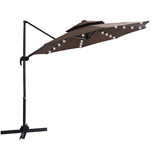 MZQYGL Sunbrella Solar Umbrellas 10ft Market Umbrella with LED Lights Patio Umbrellas Outdoor Table Umbrella 360° Rotatable (Brown)