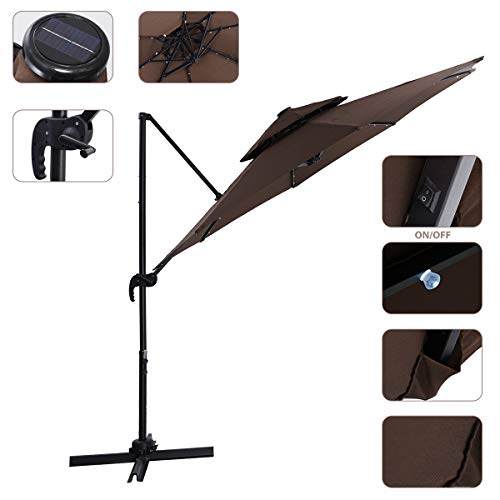 MZQYGL Sunbrella Solar Umbrellas 10ft Market Umbrella with LED Lights Patio Umbrellas Outdoor Table Umbrella 360° Rotatable (Brown)