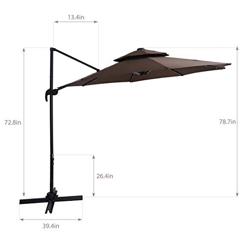 MZQYGL Sunbrella Solar Umbrellas 10ft Market Umbrella with LED Lights Patio Umbrellas Outdoor Table Umbrella 360° Rotatable (Brown)