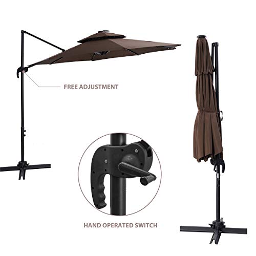 MZQYGL Sunbrella Solar Umbrellas 10ft Market Umbrella with LED Lights Patio Umbrellas Outdoor Table Umbrella 360° Rotatable (Brown)