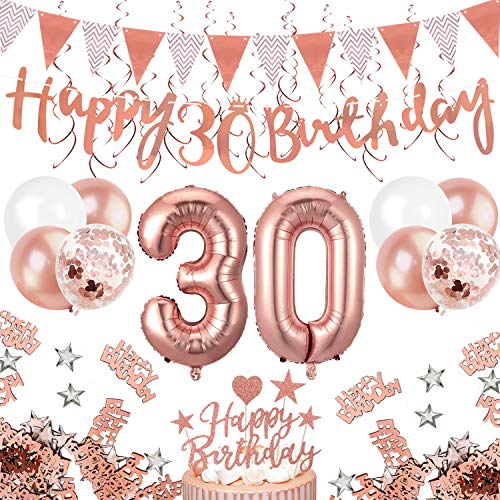 MOVINPE 30th Rose Gold Birthday Decorations, 30th Happy Birthday Banner Pennant Flags 6pcs Hanging Swirl, Number 30 Foil Balloons 8pcs Latex Balloons Cake Toppers Table Confetti for Women