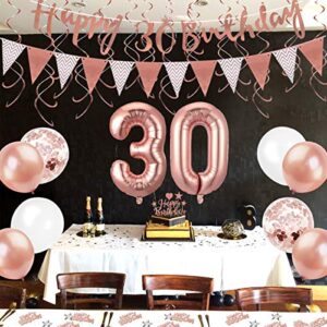 MOVINPE 30th Rose Gold Birthday Decorations, 30th Happy Birthday Banner Pennant Flags 6pcs Hanging Swirl, Number 30 Foil Balloons 8pcs Latex Balloons Cake Toppers Table Confetti for Women