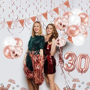 MOVINPE 30th Rose Gold Birthday Decorations, 30th Happy Birthday Banner Pennant Flags 6pcs Hanging Swirl, Number 30 Foil Balloons 8pcs Latex Balloons Cake Toppers Table Confetti for Women