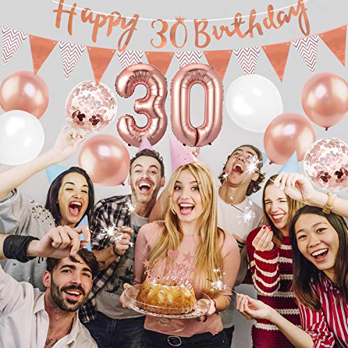 MOVINPE 30th Rose Gold Birthday Decorations, 30th Happy Birthday Banner Pennant Flags 6pcs Hanging Swirl, Number 30 Foil Balloons 8pcs Latex Balloons Cake Toppers Table Confetti for Women