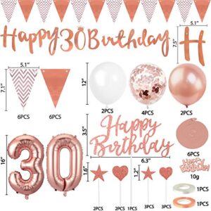 MOVINPE 30th Rose Gold Birthday Decorations, 30th Happy Birthday Banner Pennant Flags 6pcs Hanging Swirl, Number 30 Foil Balloons 8pcs Latex Balloons Cake Toppers Table Confetti for Women