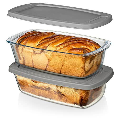 Razab LARGE Superior Glass 7.6 Cups/ 1800ML/1.9Qt (Set of 2) Glass Loaf Pan w/Lids - Meatloaf Pan Airtight BPA free - Easy Grip Handle, Microwave & Oven Safe - Loaf Pans For Baking Bread, Cakes etc