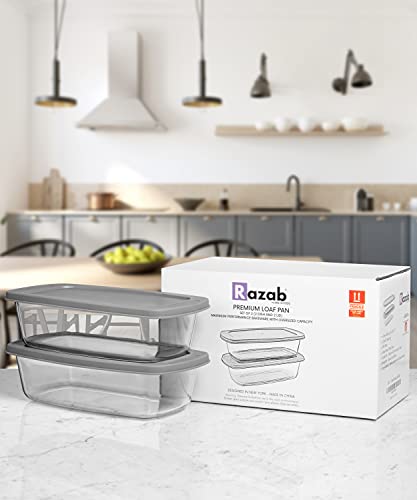 Razab LARGE Superior Glass 7.6 Cups/ 1800ML/1.9Qt (Set of 2) Glass Loaf Pan w/Lids - Meatloaf Pan Airtight BPA free - Easy Grip Handle, Microwave & Oven Safe - Loaf Pans For Baking Bread, Cakes etc