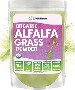 xprs nutra organic alfalfa powder - premium vegan alfalfa supplement rich in calcium, antioxidants, vitamins - farmer alfalfa supplement for kids and adults - vegan friendly alfalfa leaf (4 ounce)