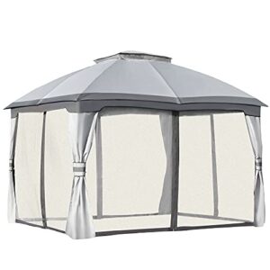 outsunny 10' x 12' outdoor gazebo, patio gazebo canopy shelter w/double vented roof, zippered mesh sidewalls, solid steel frame, grey