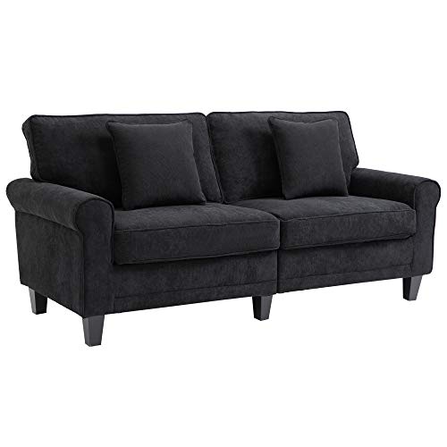 HOMCOM Modern 3-Seater Sofa 78" Thick Padded Comfy Couch with 2 Pillows, Corduroy Fabric Upholstery, Pine Wood Legs and Rounded Arms for Living Room, Black