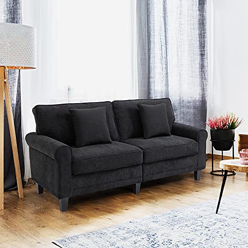 HOMCOM Modern 3-Seater Sofa 78" Thick Padded Comfy Couch with 2 Pillows, Corduroy Fabric Upholstery, Pine Wood Legs and Rounded Arms for Living Room, Black