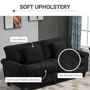 HOMCOM Modern 3-Seater Sofa 78" Thick Padded Comfy Couch with 2 Pillows, Corduroy Fabric Upholstery, Pine Wood Legs and Rounded Arms for Living Room, Black