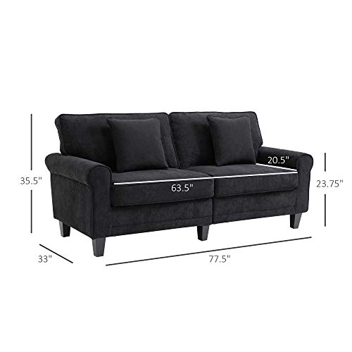 HOMCOM Modern 3-Seater Sofa 78" Thick Padded Comfy Couch with 2 Pillows, Corduroy Fabric Upholstery, Pine Wood Legs and Rounded Arms for Living Room, Black