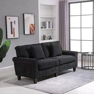 HOMCOM Modern 3-Seater Sofa 78" Thick Padded Comfy Couch with 2 Pillows, Corduroy Fabric Upholstery, Pine Wood Legs and Rounded Arms for Living Room, Black