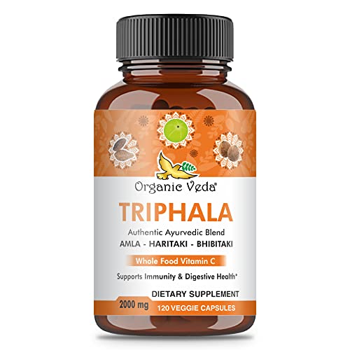 Organic Veda Triphala Capsules, 2000mg – Premium Ayurvedic Herbal Supplement Made with Organic Herbs Amla, Haritaki, Bibhitaki Fruits for Colon, Digestive & Immune System – 120 Veggie