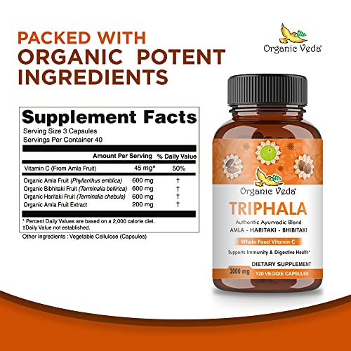 Organic Veda Triphala Capsules, 2000mg – Premium Ayurvedic Herbal Supplement Made with Organic Herbs Amla, Haritaki, Bibhitaki Fruits for Colon, Digestive & Immune System – 120 Veggie