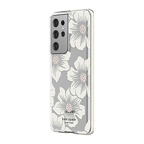 kate spade new york Defensive Hardshell Case Compatible with Samsung Galaxy S21 Ultra 5G - Hollyhock Floral Clear/Cream with Stones/Cream Bumper