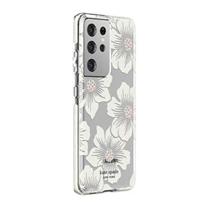 kate spade new york Defensive Hardshell Case Compatible with Samsung Galaxy S21 Ultra 5G - Hollyhock Floral Clear/Cream with Stones/Cream Bumper