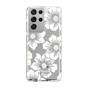 kate spade new york Defensive Hardshell Case Compatible with Samsung Galaxy S21 Ultra 5G - Hollyhock Floral Clear/Cream with Stones/Cream Bumper