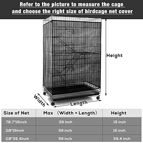 Adjustable Bird Cage Net Cover Birdcage Seed Feather Catcher Soft Skirt Guard Birdcage Nylon Mesh Netting for Parrot Parakeet Macaw Round Square Cages (Black, 78.7 x 15 Inch/ 200 x 37 cm)