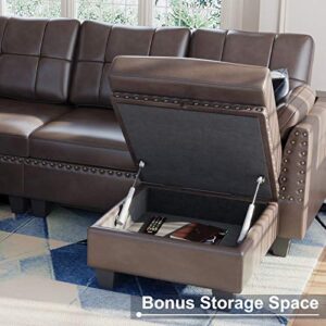 HONBAY Faux Leather Sectional Sofa Couch Set L Shaped Couch Sofa Set for Living Room Reversible Sofa Sectional with Storage Ottoman for Small Apartment (Sectional+Hydraulic Rod Ottoman)