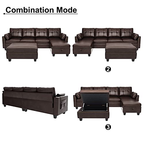 HONBAY Faux Leather Sectional Sofa Couch Set L Shaped Couch Sofa Set for Living Room Reversible Sofa Sectional with Storage Ottoman for Small Apartment (Sectional+Hydraulic Rod Ottoman)