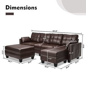 HONBAY Faux Leather Sectional Sofa Couch Set L Shaped Couch Sofa Set for Living Room Reversible Sofa Sectional with Storage Ottoman for Small Apartment (Sectional+Hydraulic Rod Ottoman)