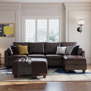 HONBAY Faux Leather Sectional Sofa Couch Set L Shaped Couch Sofa Set for Living Room Reversible Sofa Sectional with Storage Ottoman for Small Apartment (Sectional+Hydraulic Rod Ottoman)