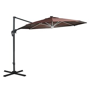 outsunny 10ft solar led cantilever patio umbrella, aluminum hanging offset umbrella outdoor sun shade with 360 degree rotation, lights, tilt, crank, cross base, brown