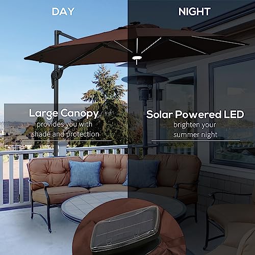 Outsunny 10ft Solar LED Cantilever Patio Umbrella, Aluminum Hanging Offset Umbrella Outdoor Sun Shade with 360 Degree Rotation, Lights, Tilt, Crank, Cross Base, Brown