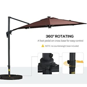 Outsunny 10ft Solar LED Cantilever Patio Umbrella, Aluminum Hanging Offset Umbrella Outdoor Sun Shade with 360 Degree Rotation, Lights, Tilt, Crank, Cross Base, Brown