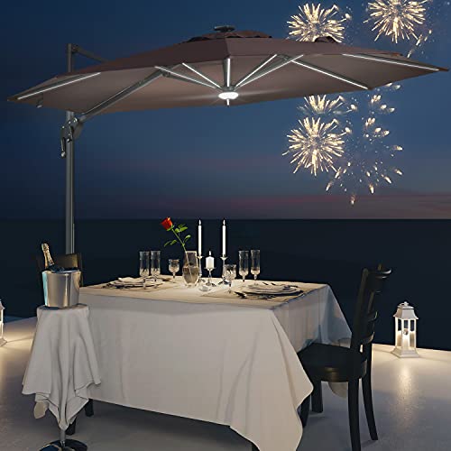 Outsunny 10ft Solar LED Cantilever Patio Umbrella, Aluminum Hanging Offset Umbrella Outdoor Sun Shade with 360 Degree Rotation, Lights, Tilt, Crank, Cross Base, Brown