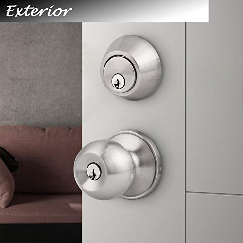 knobelite (10 Set Keyed Alike Entry Door Knob with Double Cylinder Deadbolt Combo Pack, Satin Nickel Finish Door Hardware Locks, All Same Key Door Knobs with Lock and Key for Front and Entrance Door