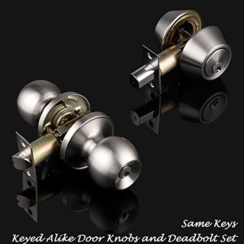 knobelite (10 Set Keyed Alike Entry Door Knob with Double Cylinder Deadbolt Combo Pack, Satin Nickel Finish Door Hardware Locks, All Same Key Door Knobs with Lock and Key for Front and Entrance Door