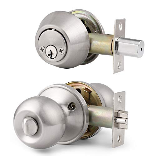 knobelite (10 Set Keyed Alike Entry Door Knob with Double Cylinder Deadbolt Combo Pack, Satin Nickel Finish Door Hardware Locks, All Same Key Door Knobs with Lock and Key for Front and Entrance Door