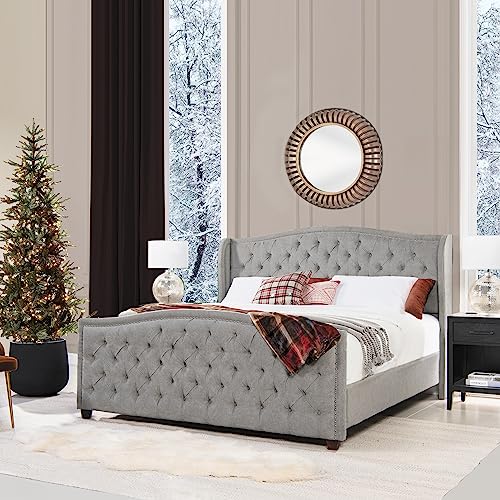 Jennifer Taylor Home Anastasia Upholstered Shelter Headboard Bed Set, California King, Silver Grey Polyester