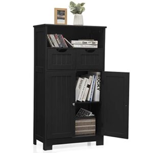 tangkula bathroom floor cabinet, storage cabinet w/open shelf, 2 doors & 2 adjustable drawers, standing cupboard for kitchen, bathroom floor cabinet for living room home office (black)