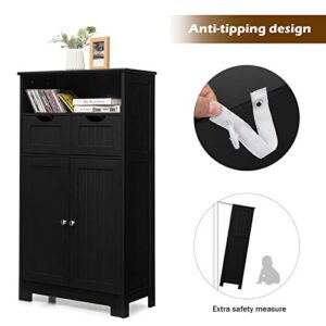 Tangkula Bathroom Floor Cabinet, Storage Cabinet w/Open Shelf, 2 Doors & 2 Adjustable Drawers, Standing Cupboard for Kitchen, Bathroom Floor Cabinet for Living Room Home Office (Black)