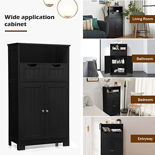 Tangkula Bathroom Floor Cabinet, Storage Cabinet w/Open Shelf, 2 Doors & 2 Adjustable Drawers, Standing Cupboard for Kitchen, Bathroom Floor Cabinet for Living Room Home Office (Black)