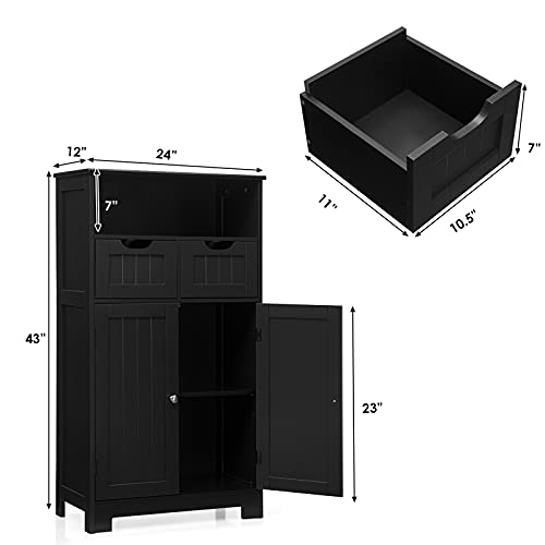 Tangkula Bathroom Floor Cabinet, Storage Cabinet w/Open Shelf, 2 Doors & 2 Adjustable Drawers, Standing Cupboard for Kitchen, Bathroom Floor Cabinet for Living Room Home Office (Black)