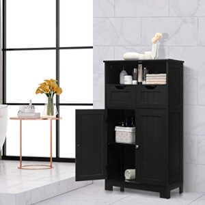 Tangkula Bathroom Floor Cabinet, Storage Cabinet w/Open Shelf, 2 Doors & 2 Adjustable Drawers, Standing Cupboard for Kitchen, Bathroom Floor Cabinet for Living Room Home Office (Black)